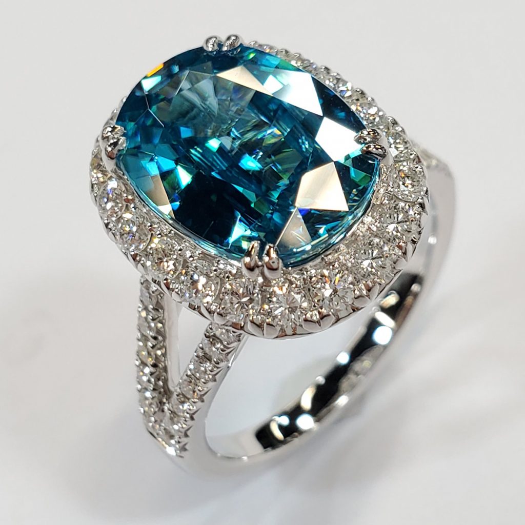 Blue Zircon Ring with Diamonds - Pan Gems Inc.